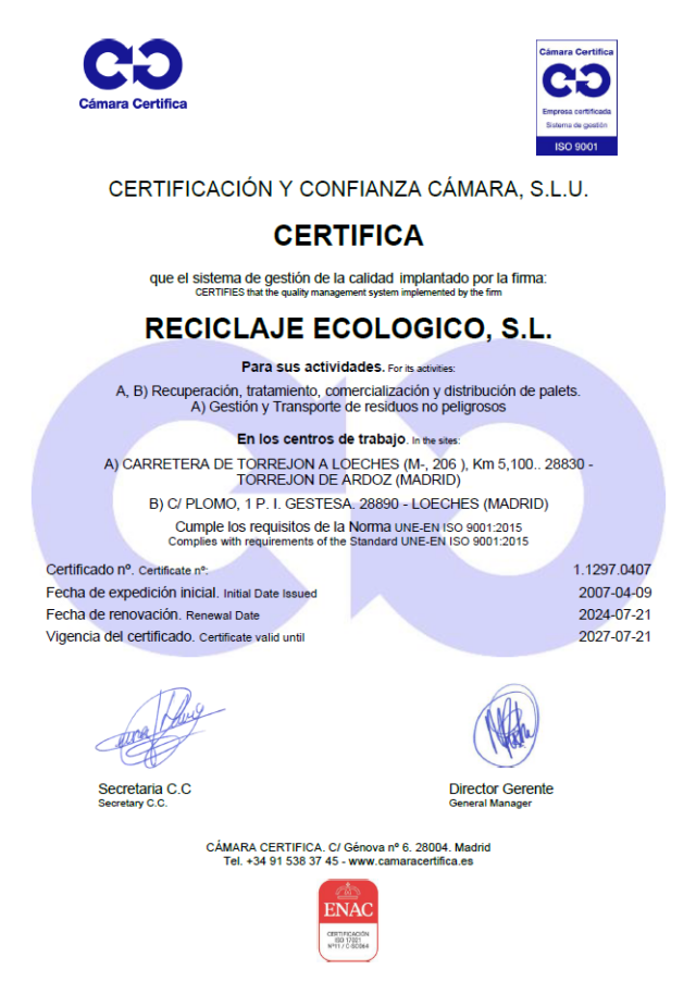 2024 CERTIFICADO REN 9001 RECICLAJE ECOLOGICO - Gestor de Residuos en Madrid - RECECO